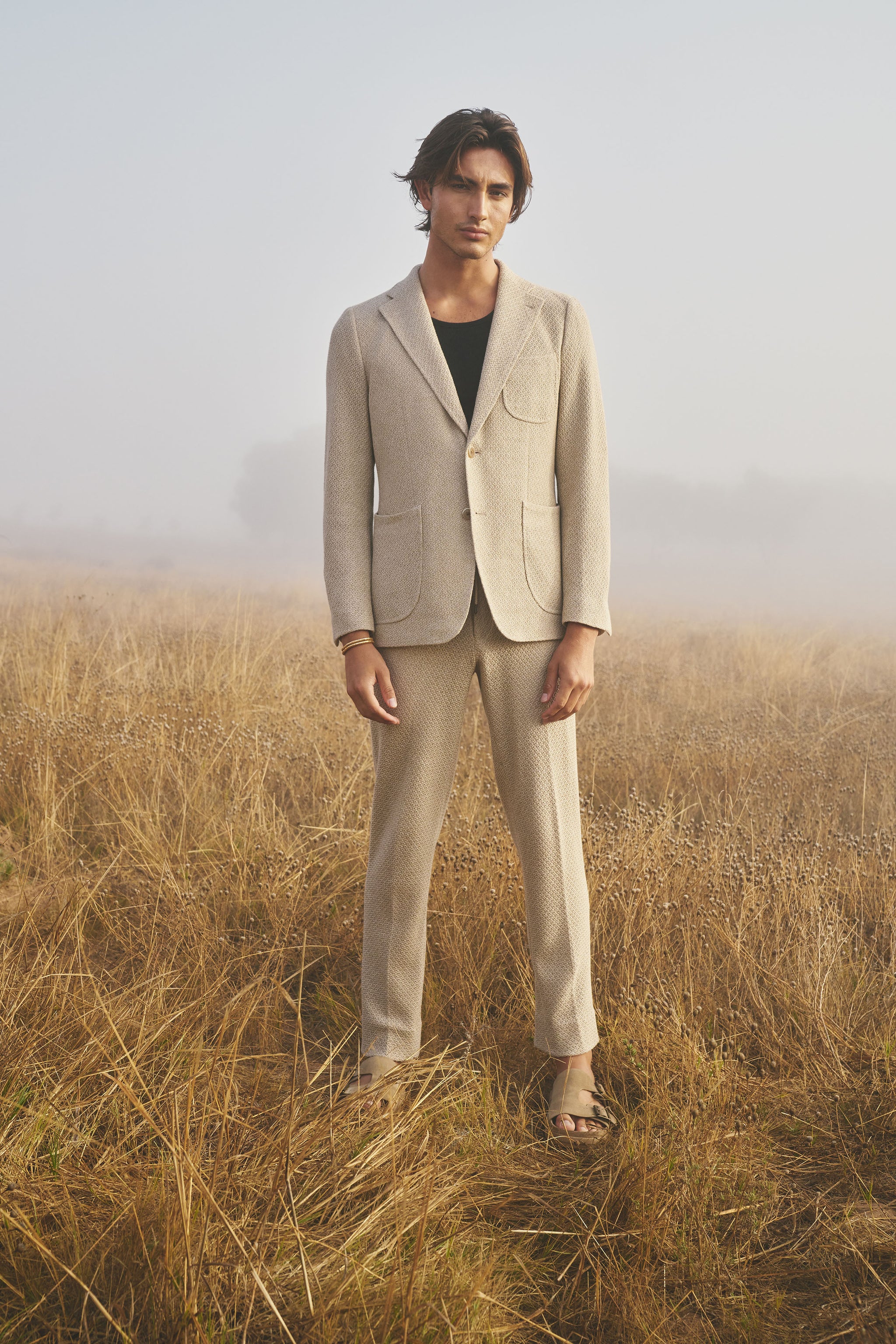 Lendrick Kamar Fitted: Beige gestricker Slim Fit Herrenanzug